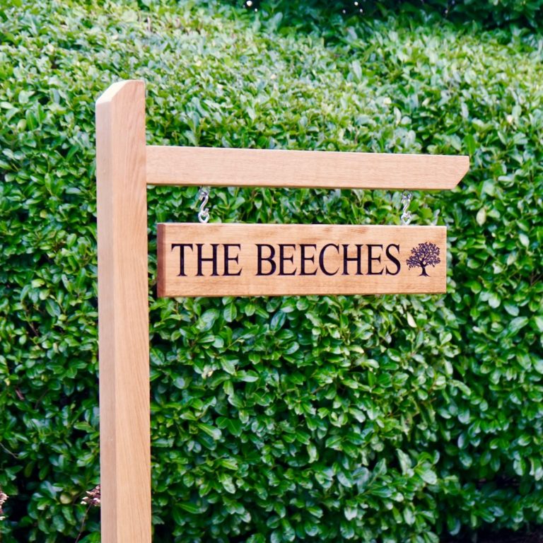 Engraved Oak Hanging Sign on Post | MakeMeSomethingSpecial.com