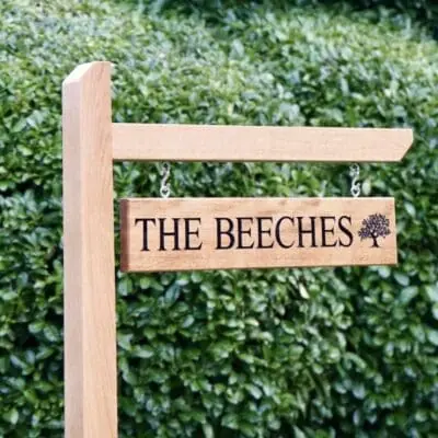 Engraved Oak Hanging Sign on Post | MakeMeSomethingSpecial.com