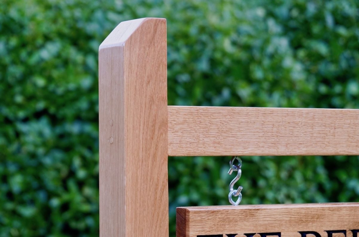 Engraved Oak Hanging Sign on Post | MakeMeSomethingSpecial.com