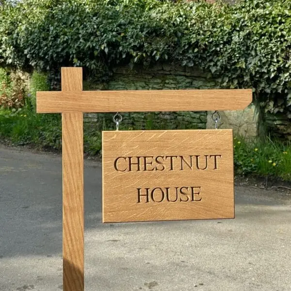 Mini Engraved Oak Hanging Sign on Post | MakeMeSomethingSpecial.com