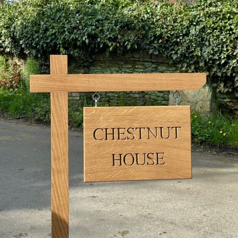 Mini Engraved Oak Hanging Sign on Post | MakeMeSomethingSpecial.com